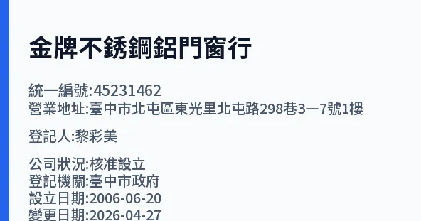 金牌不銹鋼鋁門窗行的照片-統編 45231462(臺中市) 公司登記資料與營業項目詳細圖表