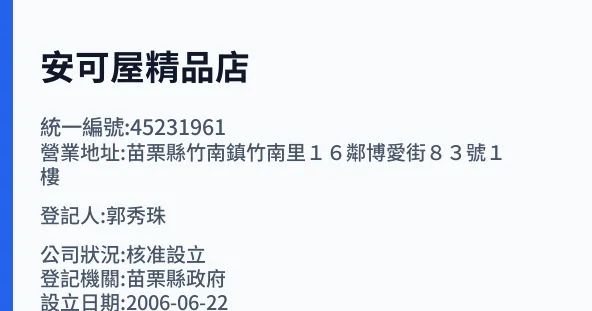 安可屋精品店的照片-統編 45231961(苗栗縣) 公司登記資料與營業項目詳細圖表