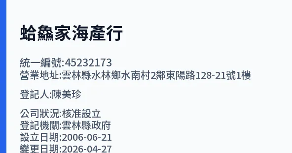 蛤鱻家海產行的照片-統編 45232173(雲林縣) 公司登記資料與營業項目詳細圖表