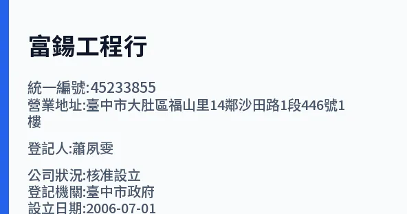 富鍚工程行的照片-統編 45233855(臺中市) 公司登記資料與營業項目詳細圖表