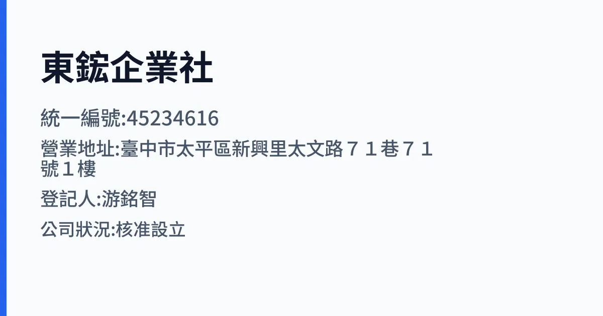 東鋐企業社 - 統編 45234616(臺中市) 公司登記資料與營業項目詳細圖表