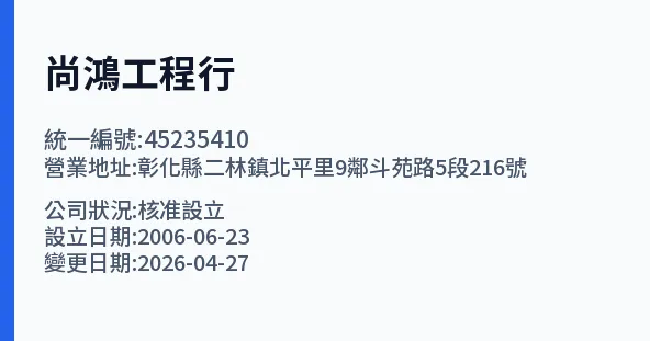 尚鴻工程行的照片-統編 45235410(彰化縣) 公司登記資料與營業項目詳細圖表