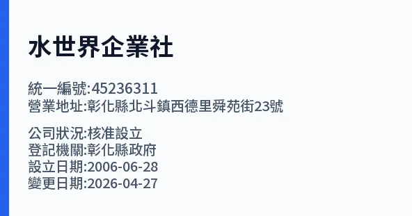 水世界企業社的照片-統編 45236311(彰化縣) 公司登記資料與營業項目詳細圖表