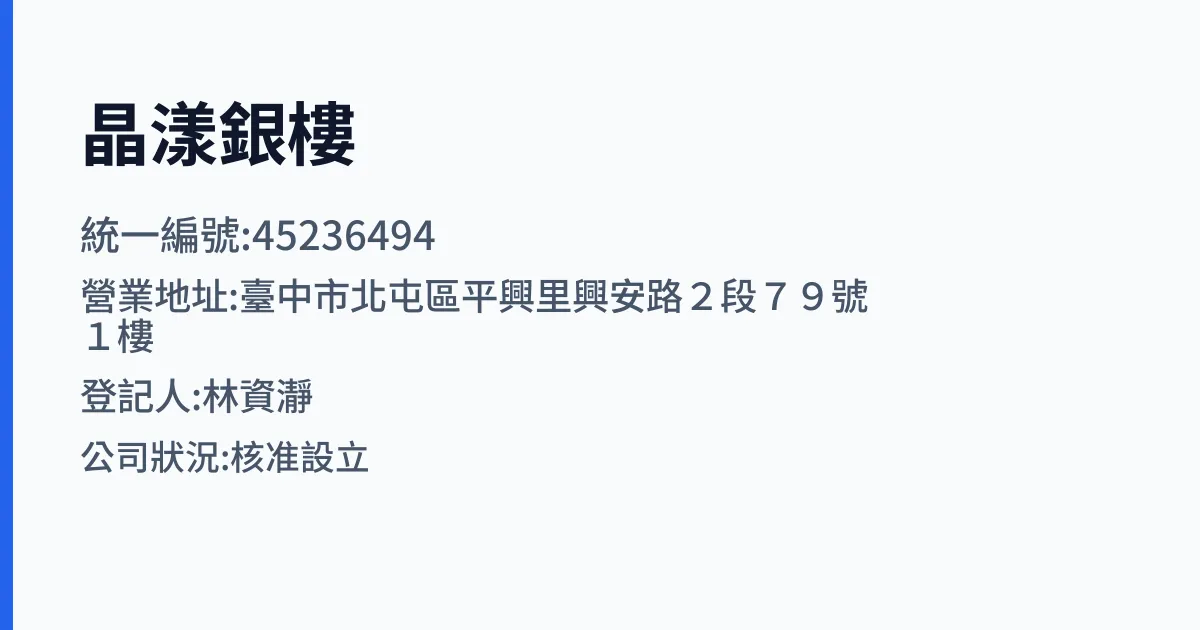 晶漾銀樓 - 統編 45236494(臺中市) 公司登記資料與營業項目詳細圖表