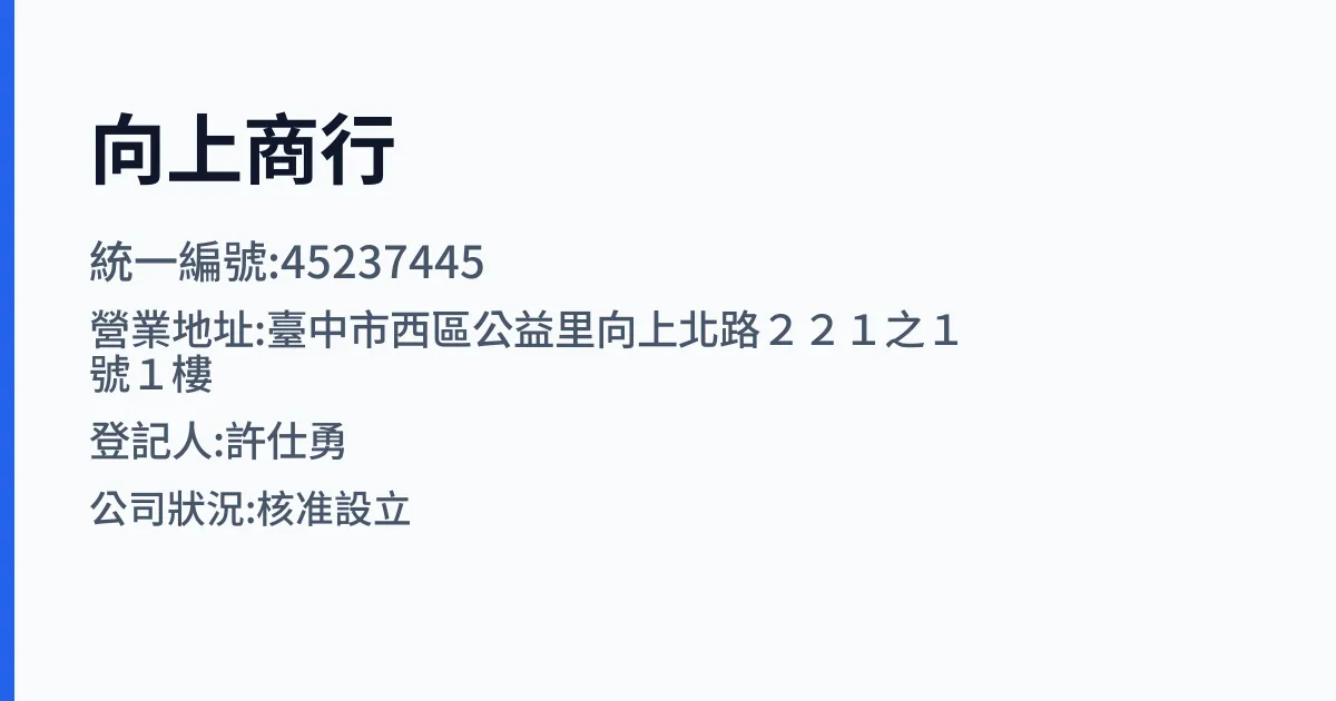 向上商行 - 統編 45237445(臺中市) 公司登記資料與營業項目詳細圖表