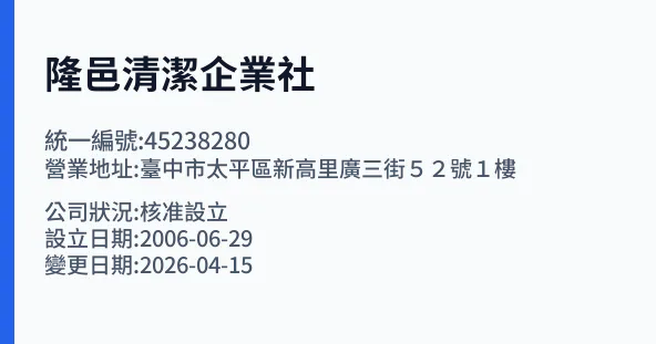 隆邑清潔企業社的照片-統編 45238280(臺中市) 公司登記資料與營業項目詳細圖表