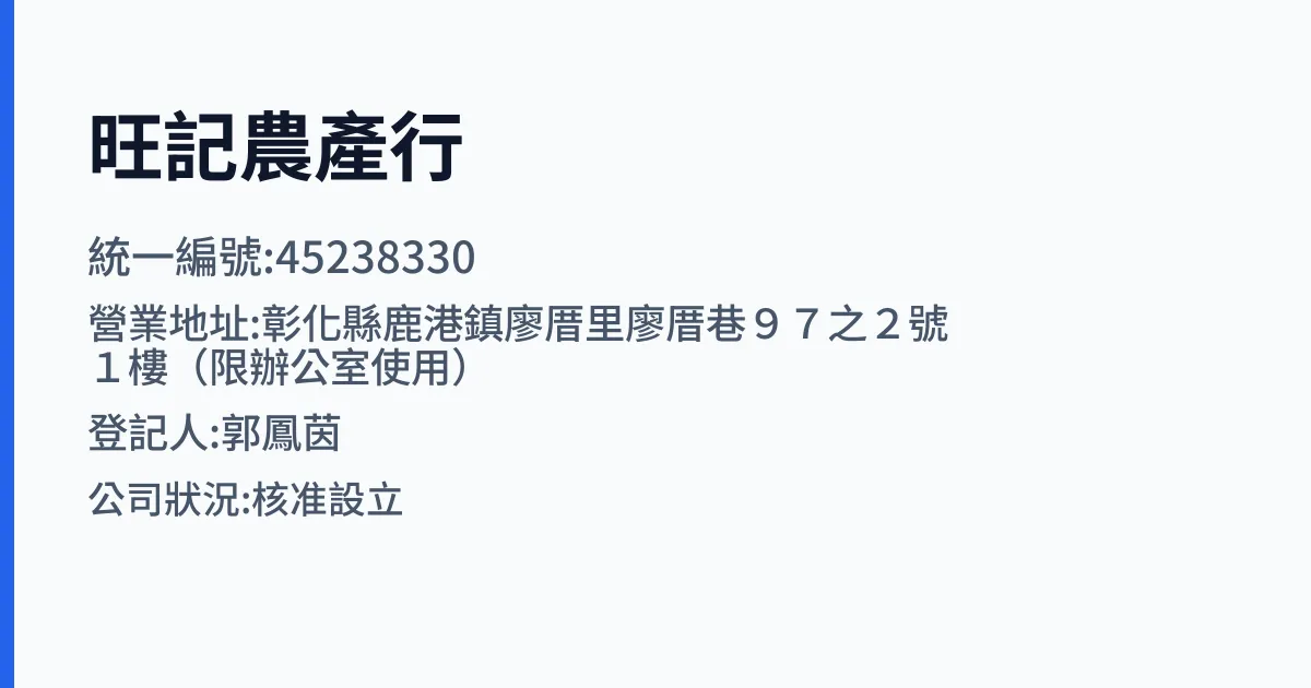 旺記農產行 - 統編 45238330(彰化縣) 公司登記資料與營業項目詳細圖表
