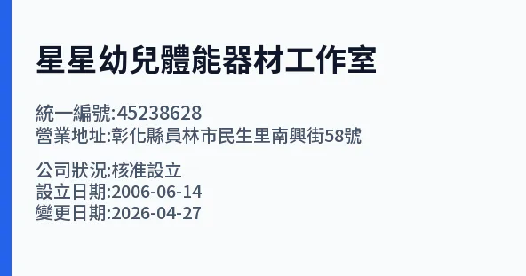 星星幼兒體能器材工作室的照片-統編 45238628(彰化縣) 公司登記資料與營業項目詳細圖表