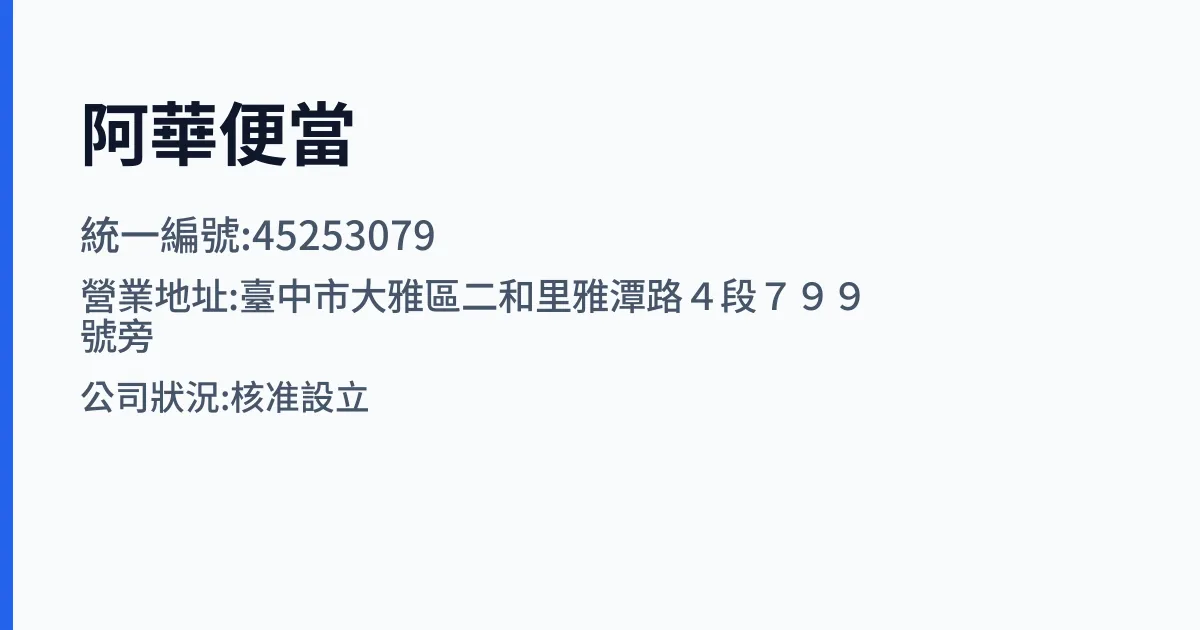 阿華便當 - 統編 45253079(臺中市) 公司登記資料與營業項目詳細圖表