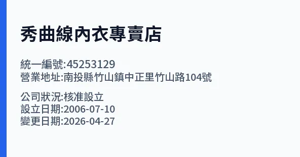 秀曲線內衣專賣店的照片-統編 45253129(南投縣) 公司登記資料與營業項目詳細圖表