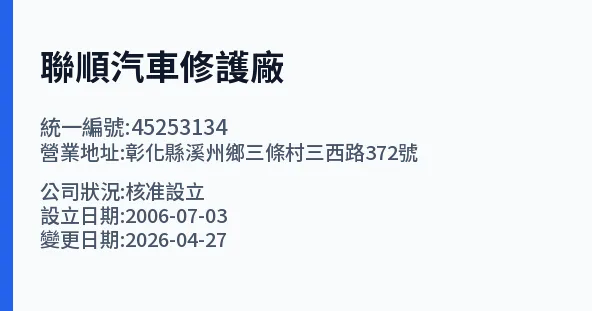 聯順汽車修護廠的照片-統編 45253134(彰化縣) 公司登記資料與營業項目詳細圖表