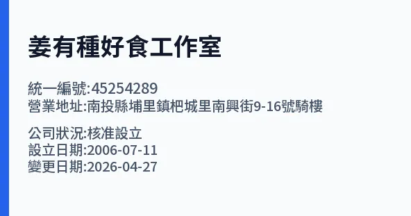 姜有種好食工作室的照片-統編 45254289(南投縣) 公司登記資料與營業項目詳細圖表