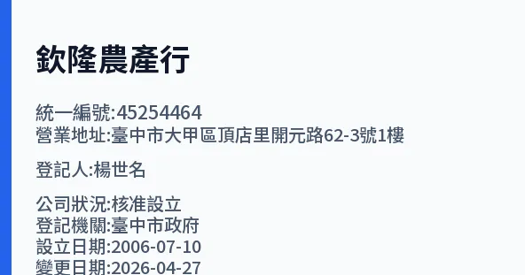 欽隆農產行的照片-統編 45254464(臺中市) 公司登記資料與營業項目詳細圖表