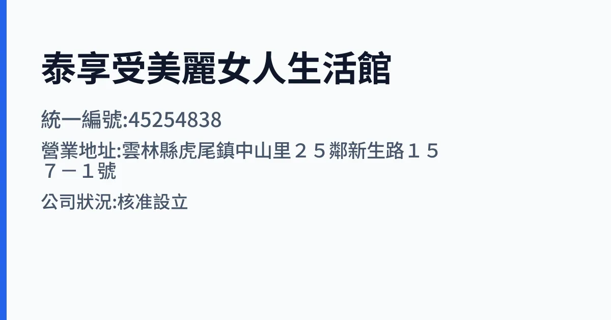 泰享受美麗女人生活館 - 統編 45254838(雲林縣) 公司登記資料與營業項目詳細圖表