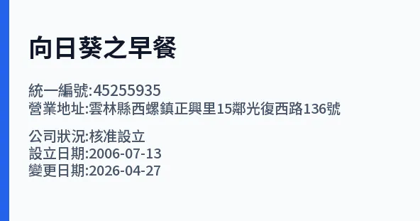 向日葵之早餐的照片-統編 45255935(雲林縣) 公司登記資料與營業項目詳細圖表