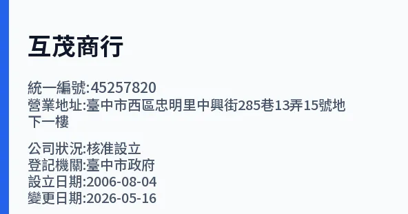 互茂商行的照片-統編 45257820(臺中市) 公司登記資料與營業項目詳細圖表
