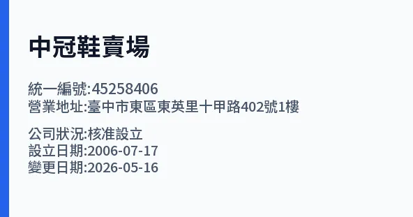 中冠鞋賣場的照片-統編 45258406(臺中市) 公司登記資料與營業項目詳細圖表