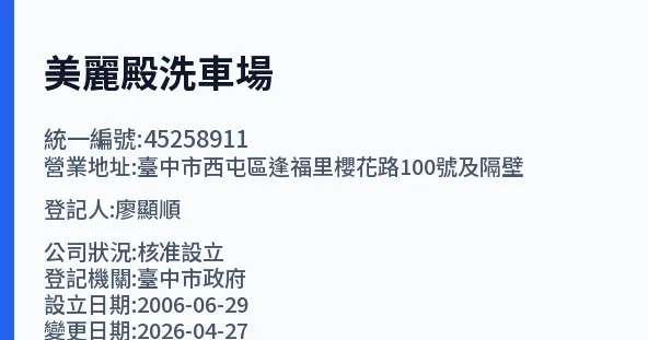 美麗殿洗車場的照片-統編 45258911(臺中市) 公司登記資料與營業項目詳細圖表