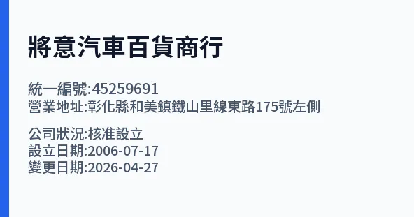 將意汽車百貨商行的照片-統編 45259691(彰化縣) 公司登記資料與營業項目詳細圖表