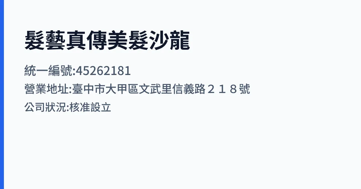 髮藝真傳美髮沙龍 - 統編 45262181(臺中市) 公司登記資料與營業項目詳細圖表