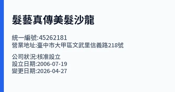 髮藝真傳美髮沙龍的照片-統編 45262181(臺中市) 公司登記資料與營業項目詳細圖表