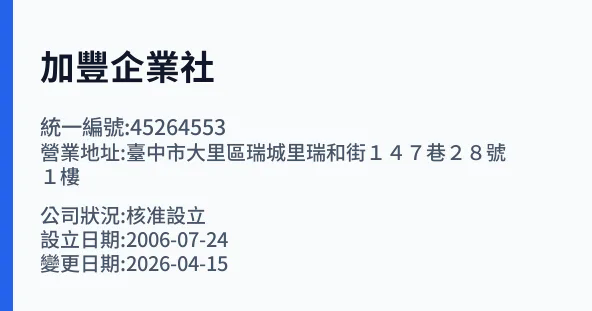 加豐企業社的照片-統編 45264553(臺中市) 公司登記資料與營業項目詳細圖表