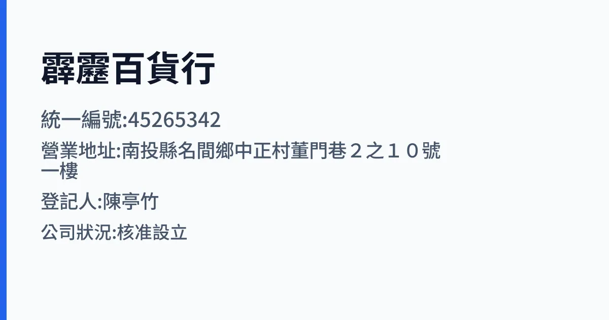 霹靂百貨行 - 統編 45265342(南投縣) 公司登記資料與營業項目詳細圖表