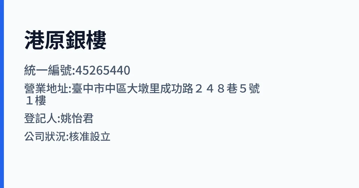 港原銀樓 - 統編 45265440(臺中市) 公司登記資料與營業項目詳細圖表