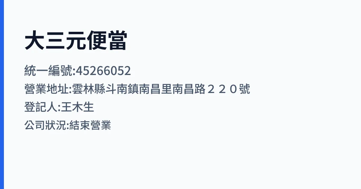 大三元便當 - 統編 45266052(雲林縣) 公司登記資料與營業項目詳細圖表