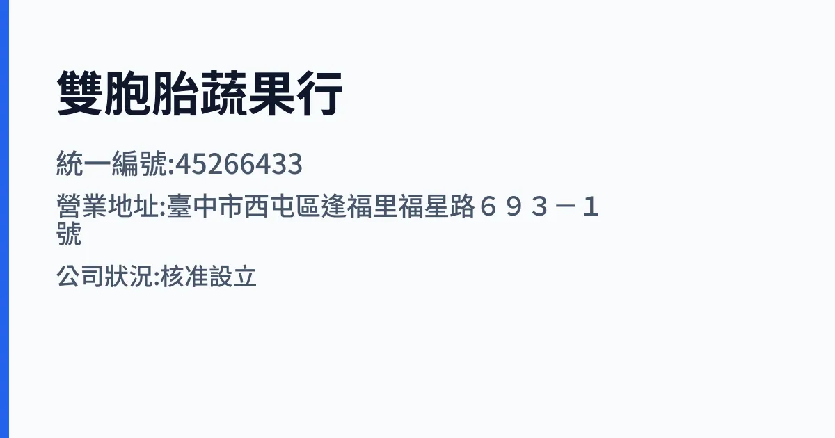 雙胞胎蔬果行 - 統編 45266433(臺中市) 公司登記資料與營業項目詳細圖表
