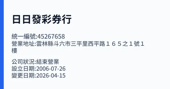 日日發彩券行的照片-統編 45267658(雲林縣) 公司登記資料與營業項目詳細圖表