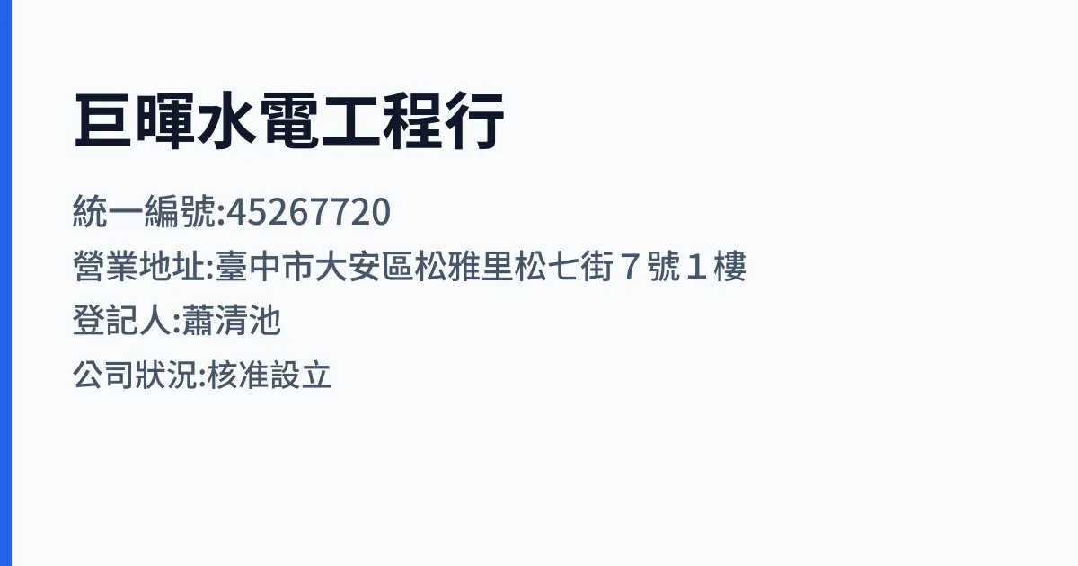 巨暉水電工程行 - 統編 45267720(臺中市) 公司登記資料與營業項目詳細圖表