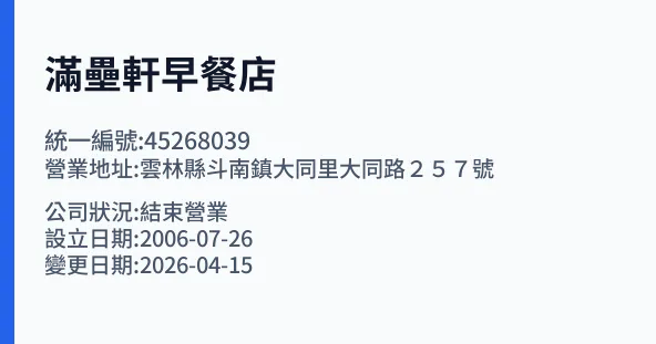 滿壘軒早餐店的照片-統編 45268039(雲林縣) 公司登記資料與營業項目詳細圖表