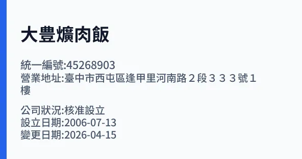 大豊爌肉飯的照片-統編 45268903(臺中市) 公司登記資料與營業項目詳細圖表