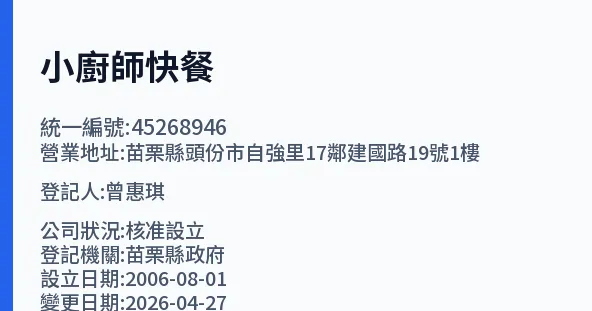 小廚師快餐的照片-統編 45268946(苗栗縣) 公司登記資料與營業項目詳細圖表