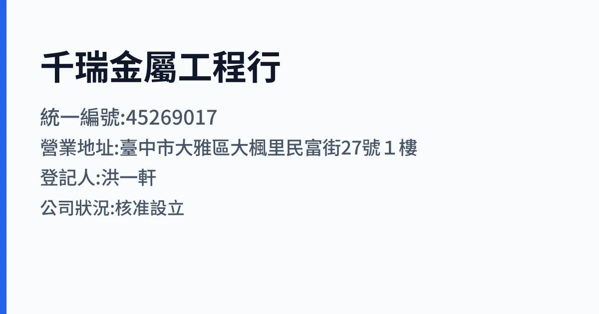 千瑞金屬工程行 - 統編 45269017(臺中市) 公司登記資料與營業項目詳細圖表