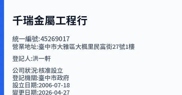 千瑞金屬工程行的照片-統編 45269017(臺中市) 公司登記資料與營業項目詳細圖表