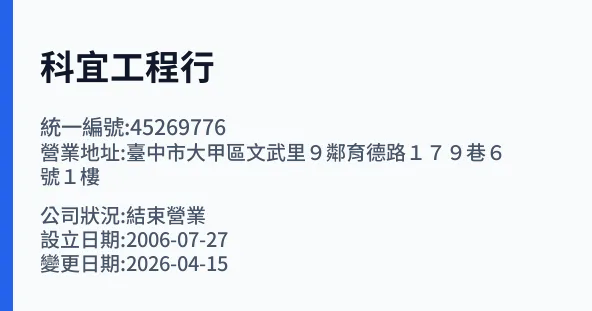 科宜工程行的照片-統編 45269776(臺中市) 公司登記資料與營業項目詳細圖表