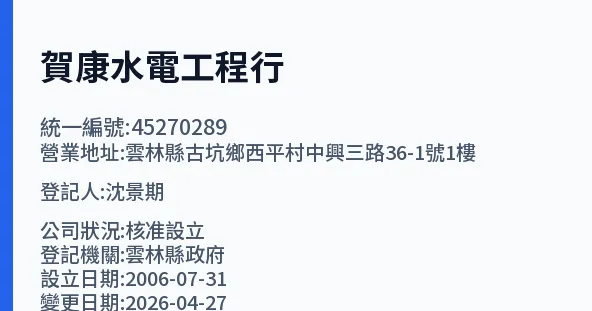 賀康水電工程行的照片-統編 45270289(雲林縣) 公司登記資料與營業項目詳細圖表