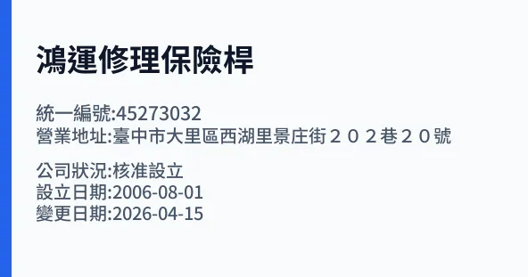 鴻運修理保險桿的照片-統編 45273032(臺中市) 公司登記資料與營業項目詳細圖表