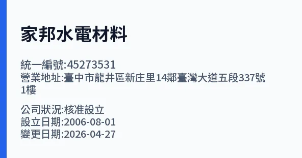 家邦水電材料的照片-統編 45273531(臺中市) 公司登記資料與營業項目詳細圖表