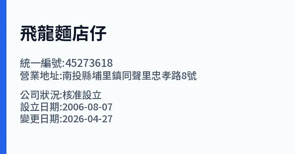 飛龍麵店仔的照片-統編 45273618(南投縣) 公司登記資料與營業項目詳細圖表