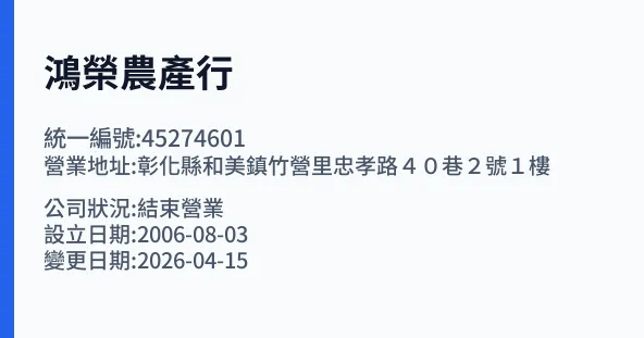 鴻榮農產行的照片-統編 45274601(彰化縣) 公司登記資料與營業項目詳細圖表