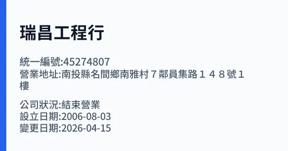瑞昌工程行的照片-統編 45274807(南投縣) 公司登記資料與營業項目詳細圖表