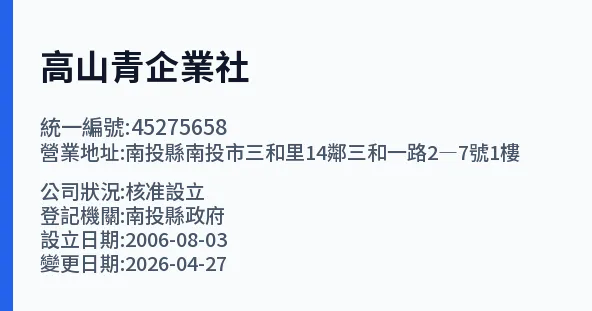 高山青企業社的照片-統編 45275658(南投縣) 公司登記資料與營業項目詳細圖表