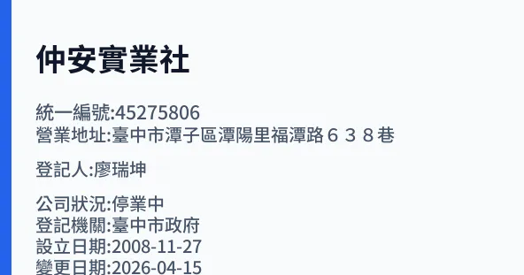 仲安實業社的照片-統編 45275806(臺中市) 公司登記資料與營業項目詳細圖表