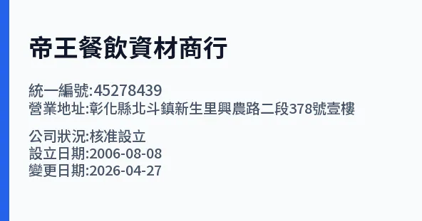 帝王餐飲資材商行的照片-統編 45278439(彰化縣) 公司登記資料與營業項目詳細圖表
