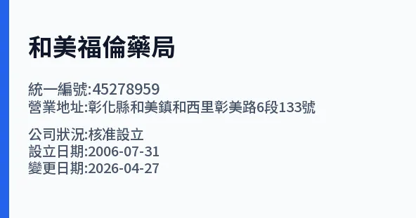 和美福倫藥局的照片-統編 45278959(彰化縣) 公司登記資料與營業項目詳細圖表