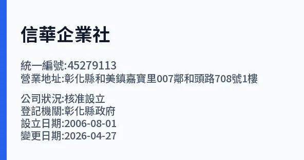 信華企業社的照片-統編 45279113(彰化縣) 公司登記資料與營業項目詳細圖表