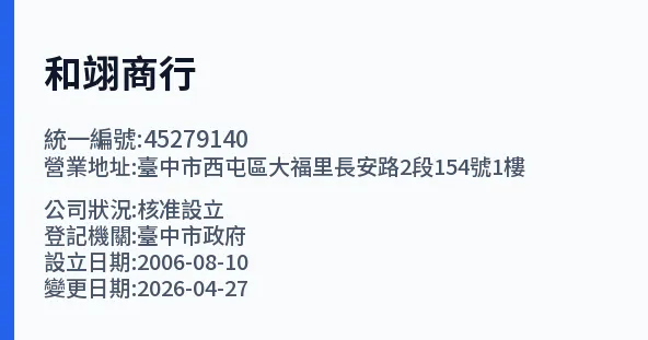 和翊商行的照片-統編 45279140(臺中市) 公司登記資料與營業項目詳細圖表